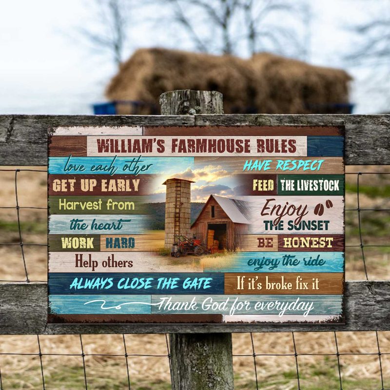 Farmhouse Rules Metal Sign With Custom Family Name, Gift For Farmer ...
